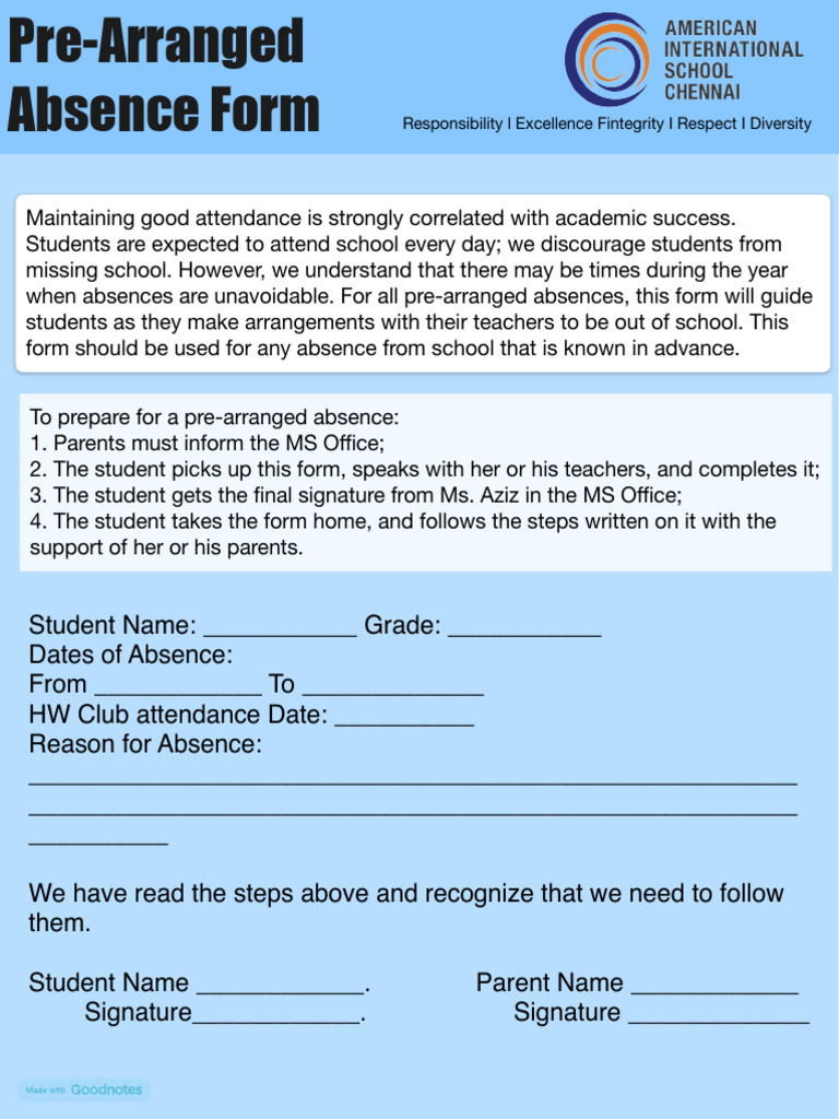 Pre - Arranged Absence Form (Digital) | PDF
