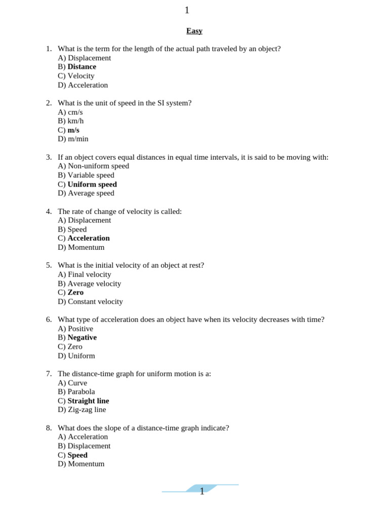 Physics Motion and Velocity Quiz | PDF | Velocity | Acceleration