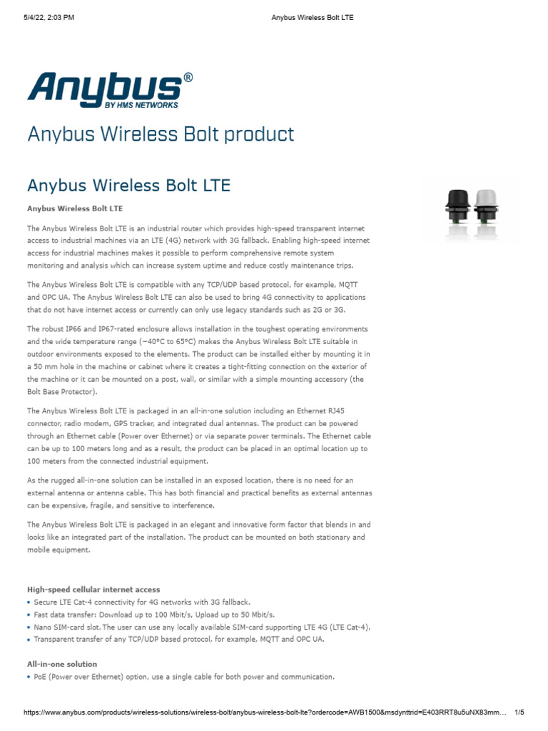 HMS-Anybus-Wireless-Bolt-LTE | PDF | 4 G | Internet Access
