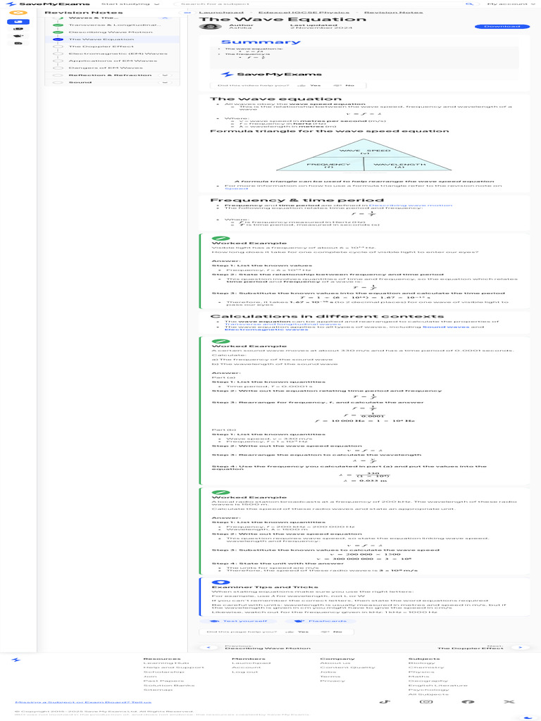 The Wave Equation Physics - IGCSE Physics Revision Notes | PDF | Waves ...