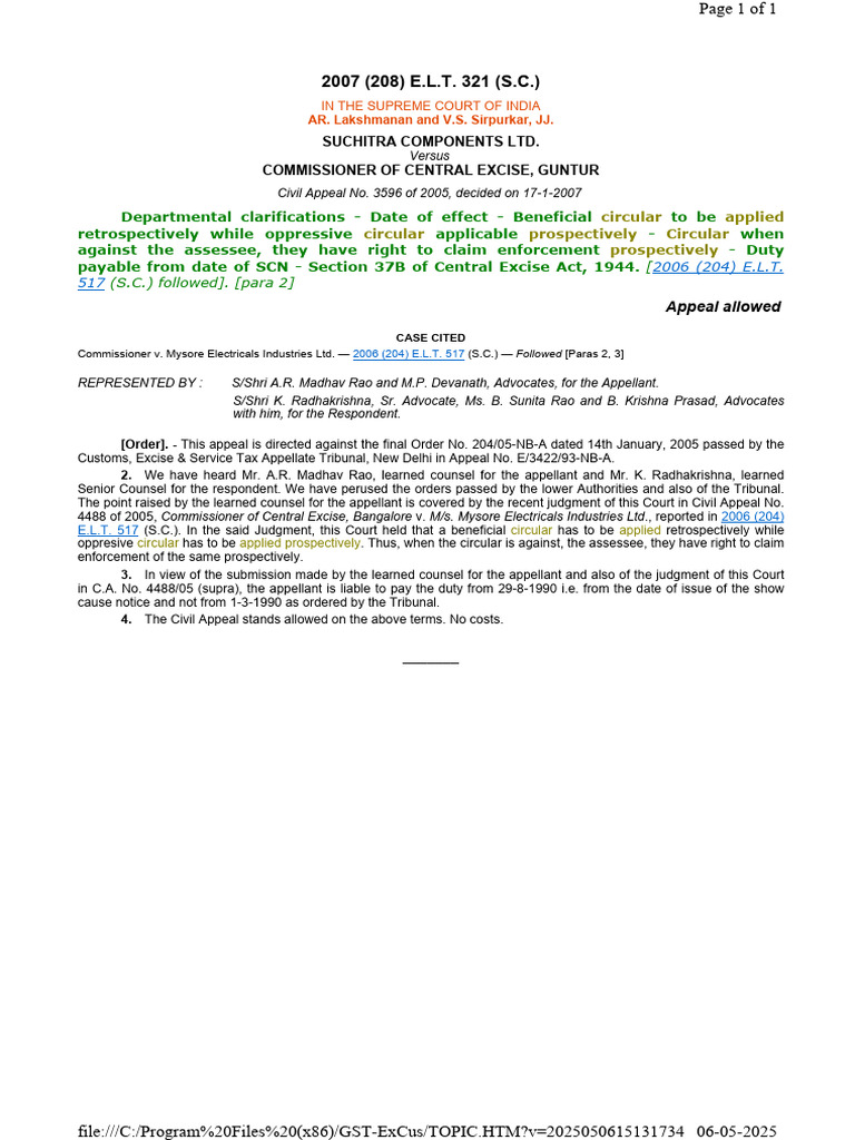Suchitra Components Ltd. V. CCE Guntur (Oppresive Circular To Be ...