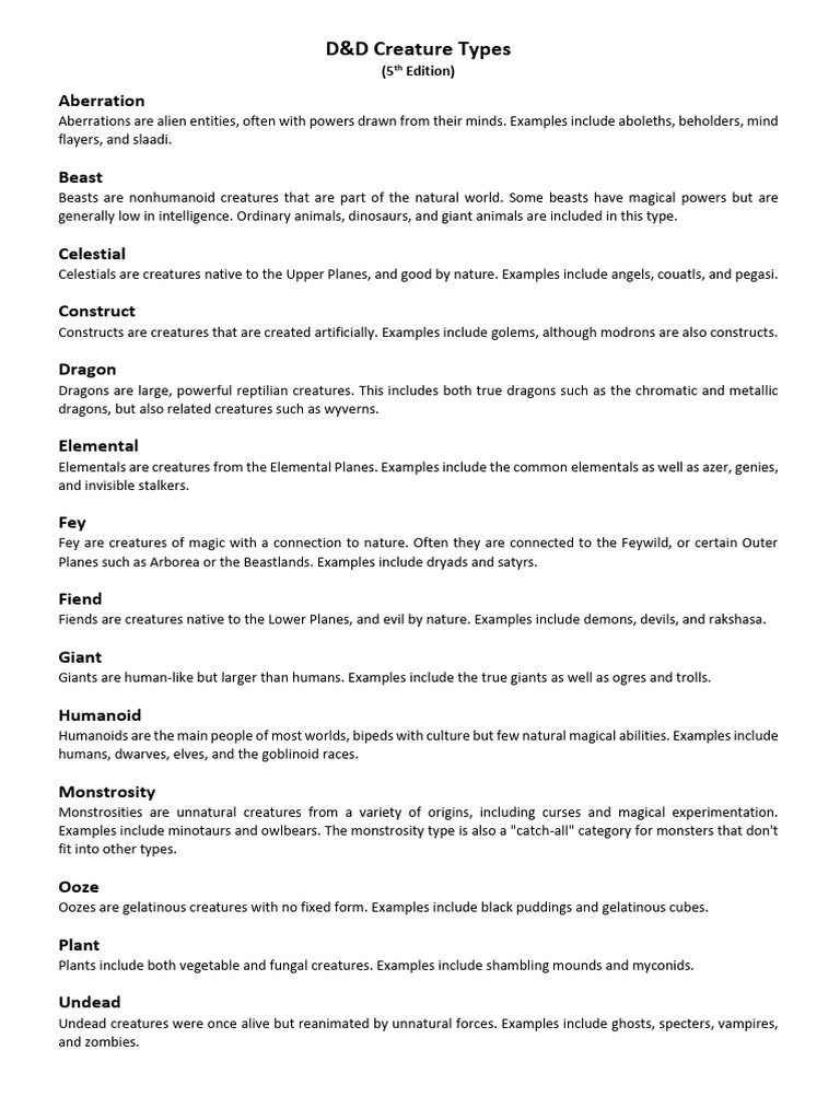 D&D 5E Creature Type Overview | PDF