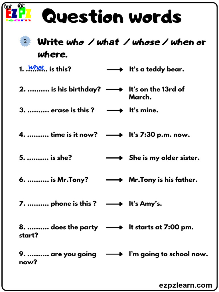Question Words Write The Correct Question Word Grammar Exercise Bk1 | PDF