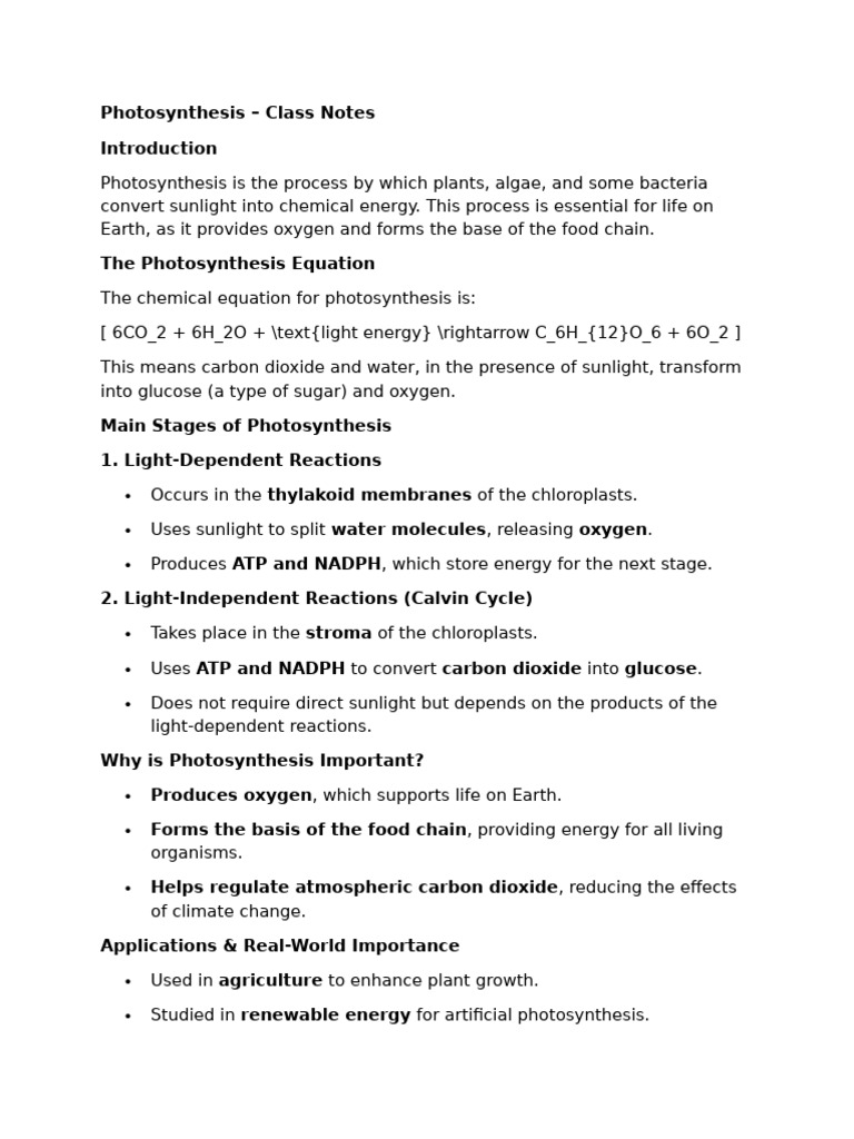 Photosynthesis - Class Notes | PDF