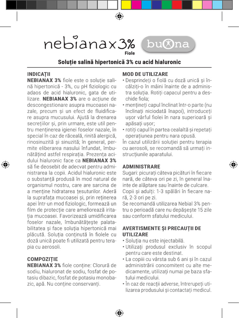 Fiole Cu Solutie Salina Hipertonica 3 Cu Acid Hialuronic 20 Fiole X 5 ML Nebianax 7588 | PDF