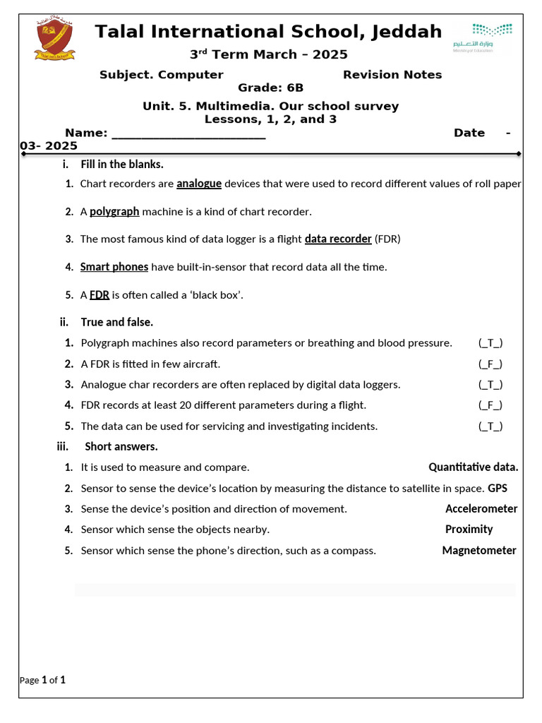 Computer Grade. 6. Unit 5. Revison Notes. Answer Key | PDF