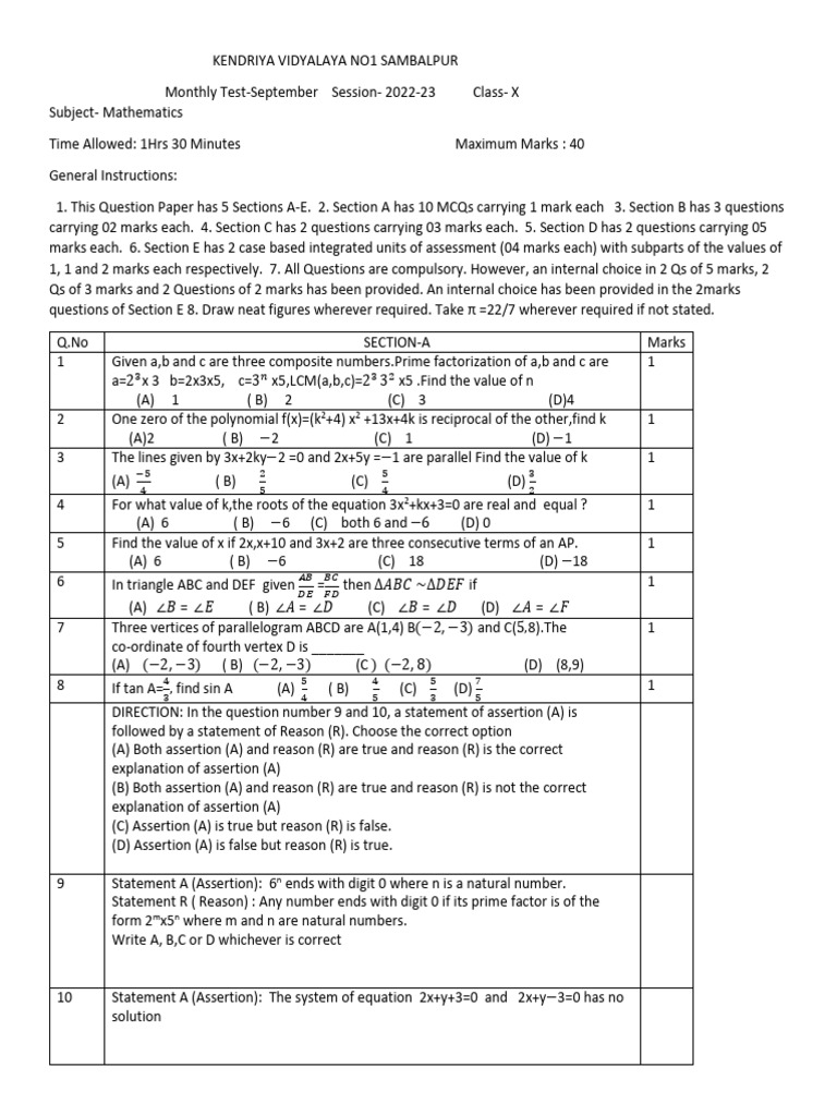 Class X Maths Monthly Test - September | PDF | Zero Of A Function ...