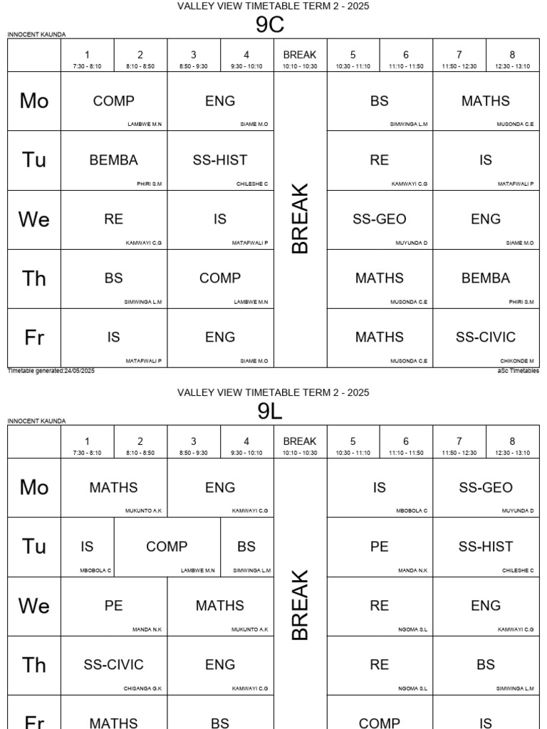 GENERAL TIMETABLE TERM 2 - 2025 - CLASSES | PDF