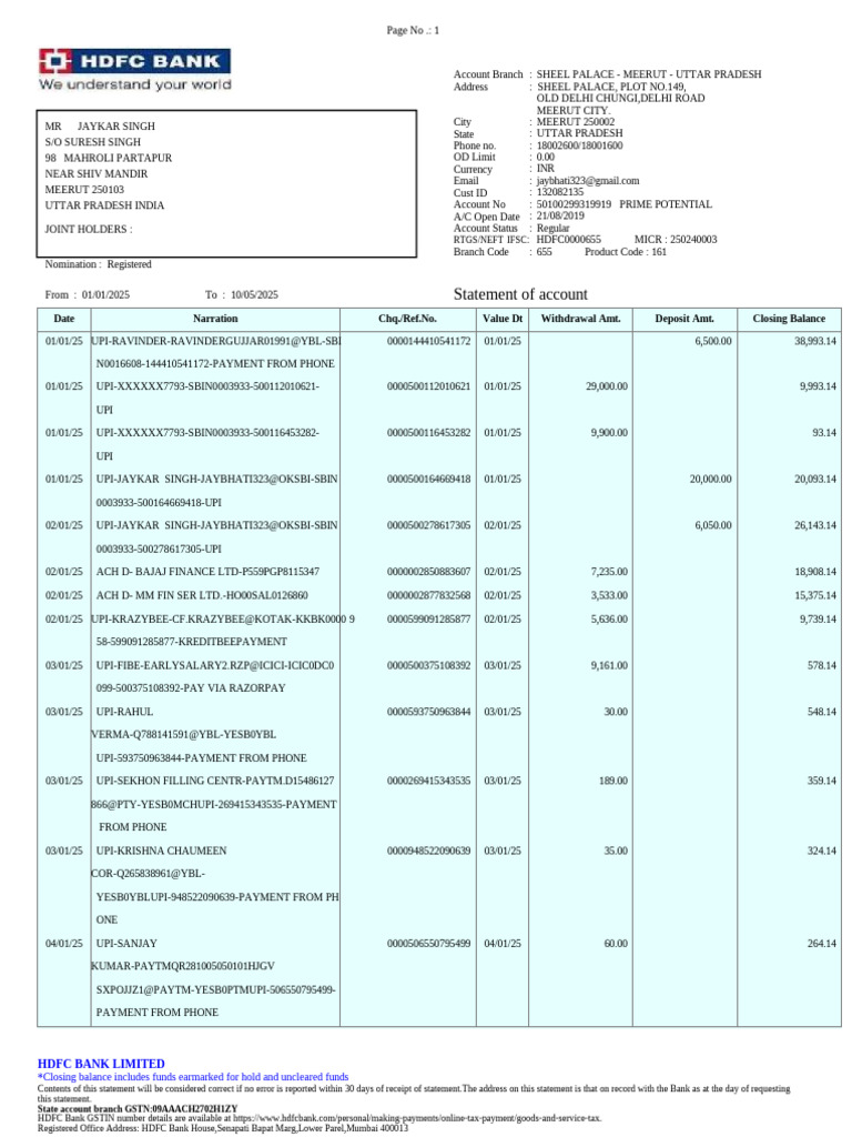 Statement of Account: Date Narration Chq./Ref - No. Value DT Withdrawal ...