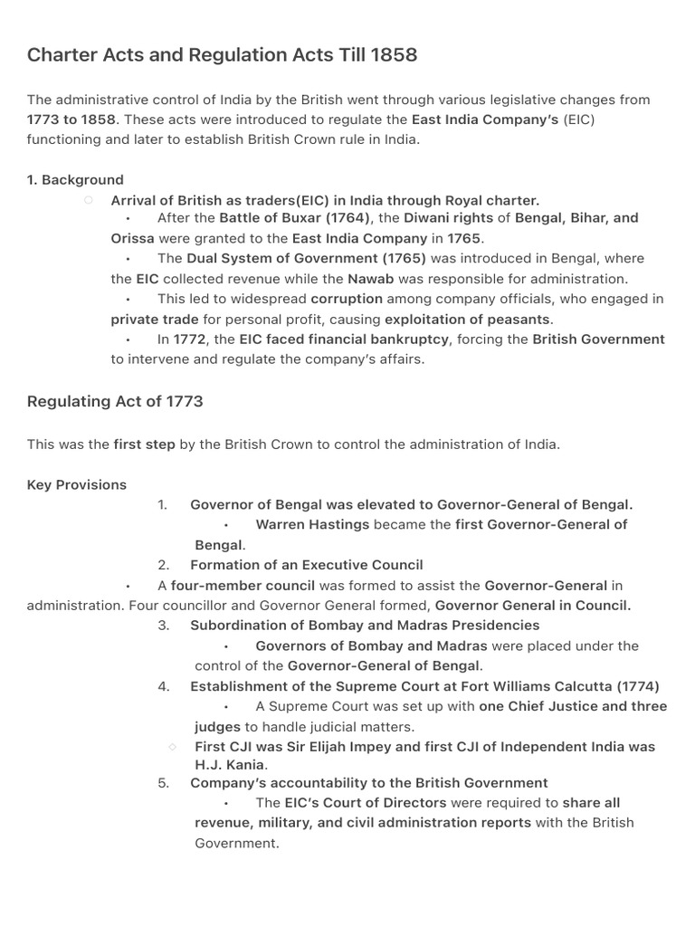 Charter Acts and Regulation Acts Till 1858 | PDF | British Raj ...