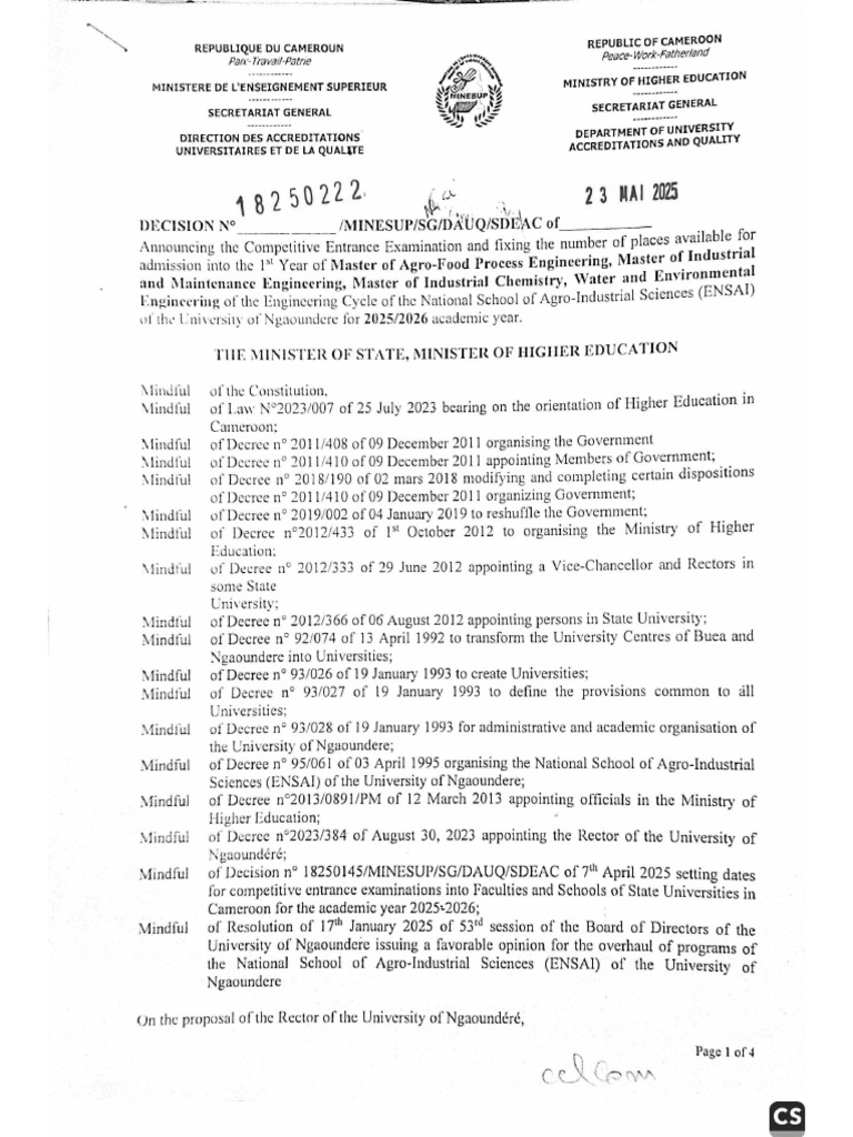 ENSAI UN 2025 - 1ere Annee Ing Des Indus Agricoles Et Ali, Ing en Genie ...