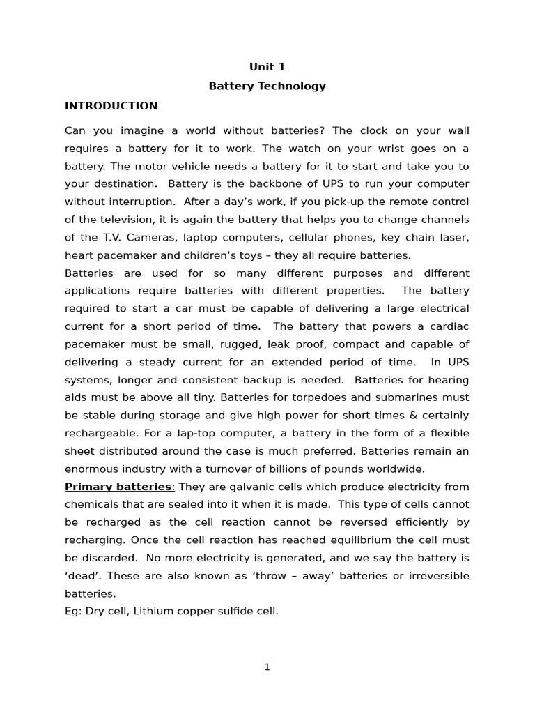 1 Battery Technology | PDF | Electrochemistry | Electrode