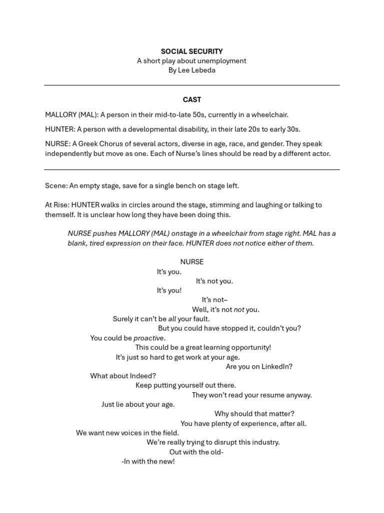 SOCIAL SECURITY: A Short Play About Unemployment by Lee Lebeda | PDF