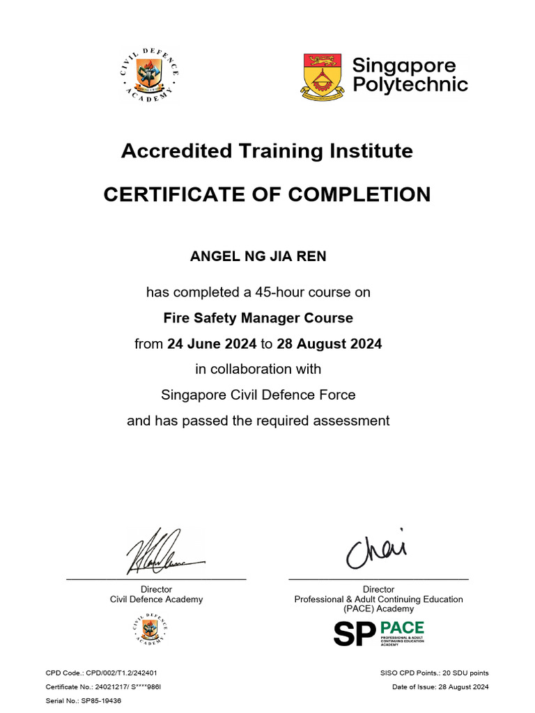 Certificate (COC - Fire Safety Manager Course) - 20240925154101 | PDF