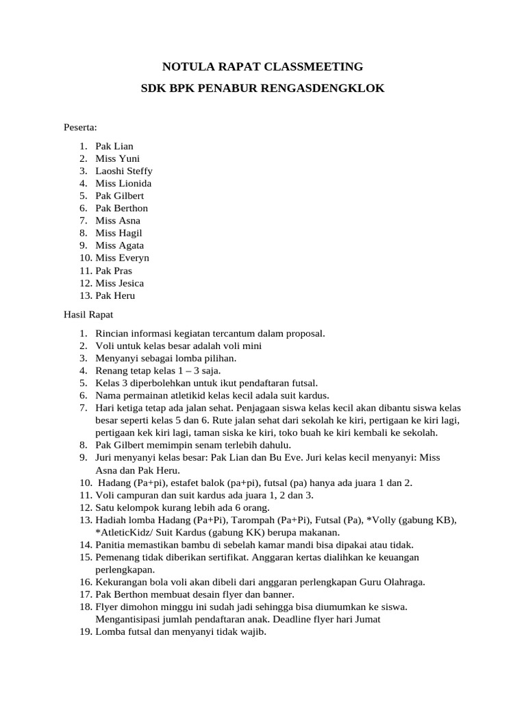 Notula Rapat Classmeeting | PDF
