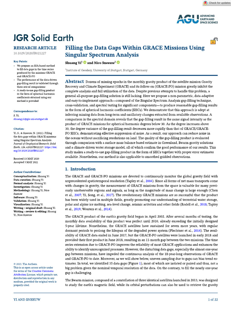 Filling the Data Gaps Within GRACE Missions Using Singular Spectrum Analysis | PDF