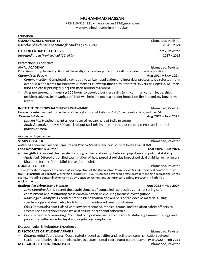 Muhammad Hassan Resume edit | PDF | Radioactive Contamination | Pakistan