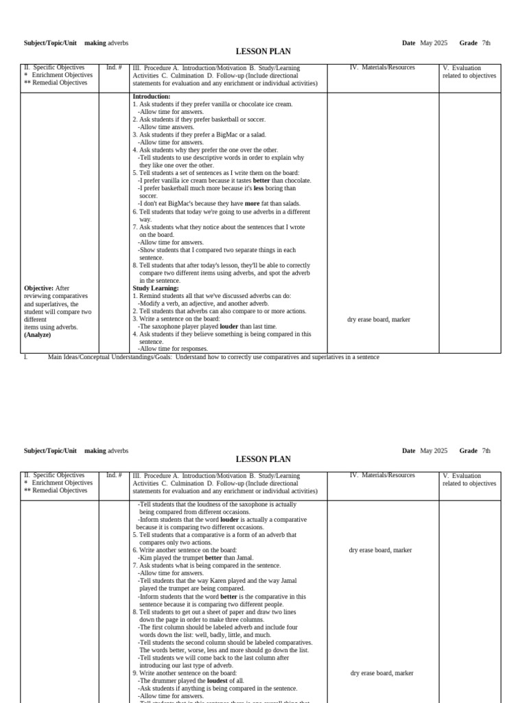 Lesson Plan Adverbs | PDF | Adverb | Lesson Plan