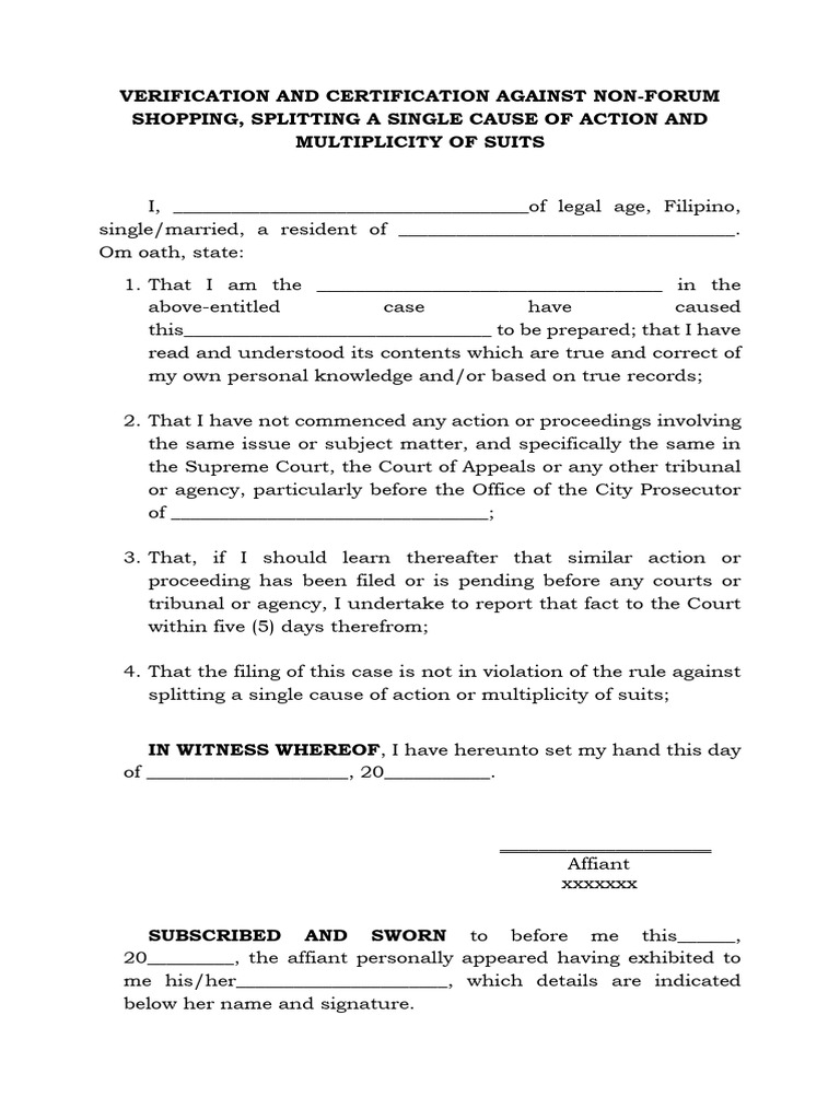 Non-Forum Shopping Certification Template | PDF