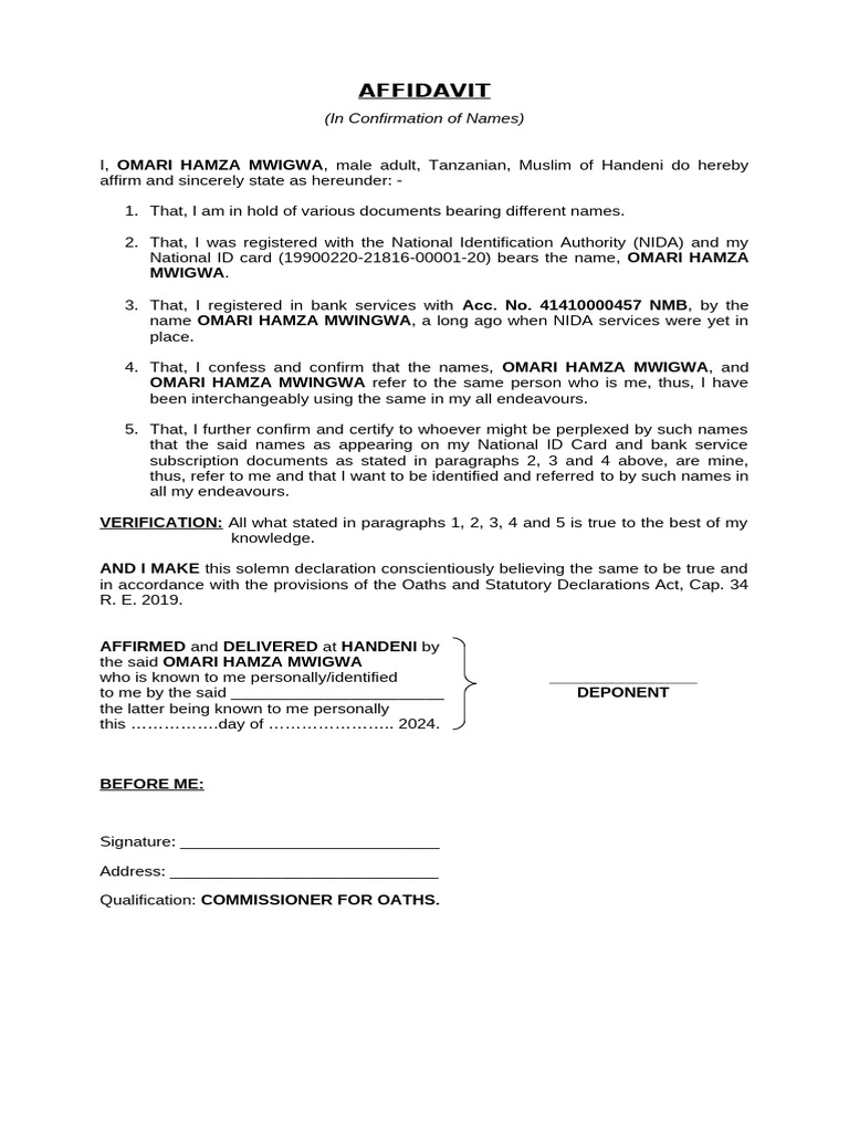 AFFIDAVIT (In Confirmation of Names) - OMARI HAMZA MWIGWA | PDF