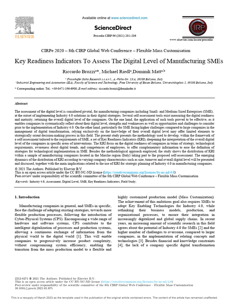 Key Readiness Indicators To Assess The Digital Level of Manufacturing ...