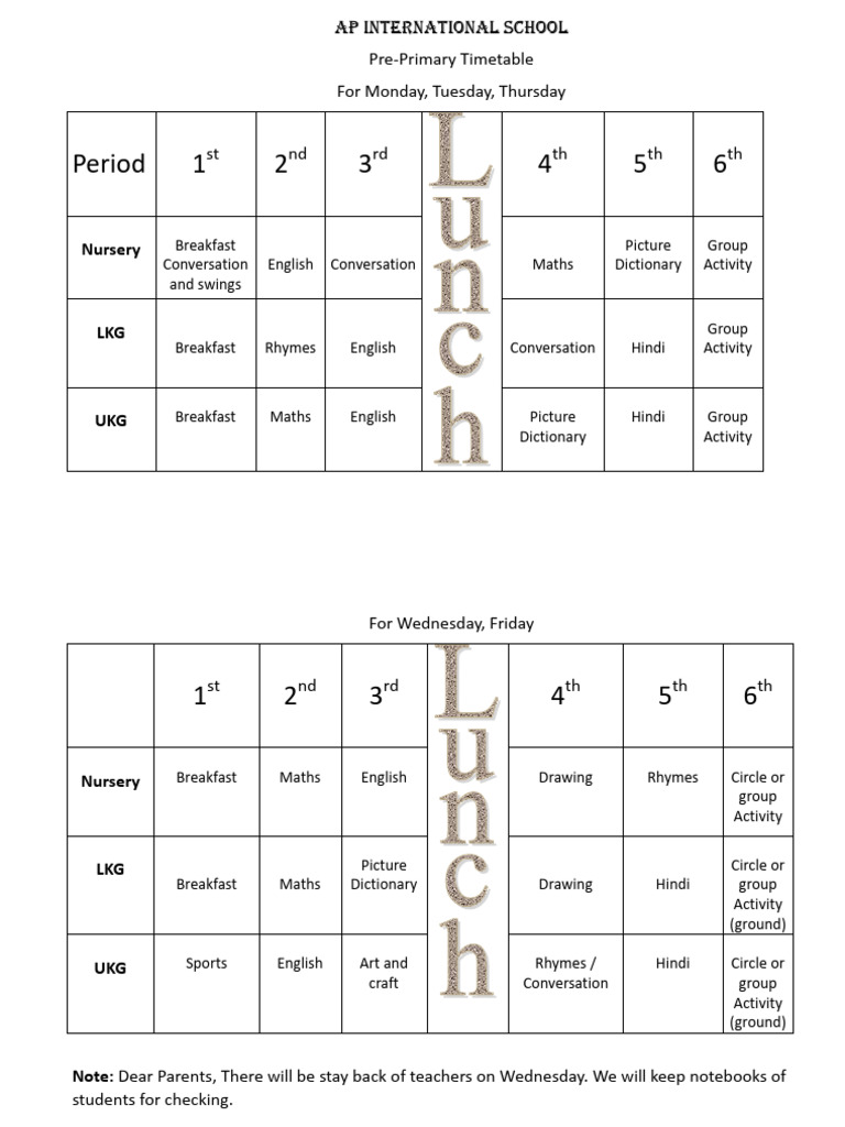Timetable 2025-26 Kindergarten Updated | PDF