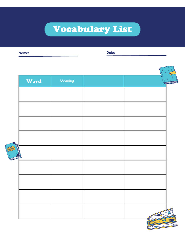 Language Arts Vocabulary List Worksheet in White and Blue Table Style | PDF