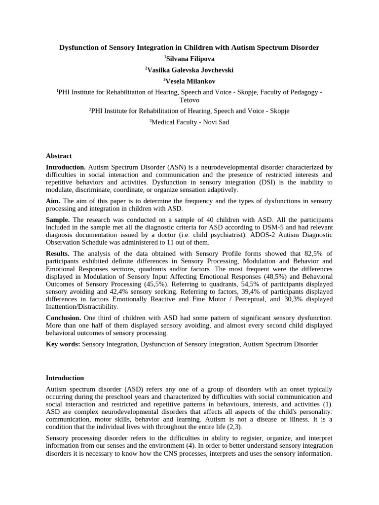 Dysfunction of Sensory Integration in Children With Autism Spectrum Disorder | PDF | Sensory ...