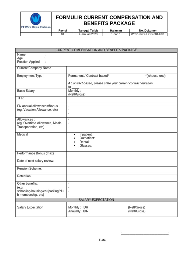 Wcp-Pro-Hcg-004-F03 Form Current Compensation and Benefits Package | PDF