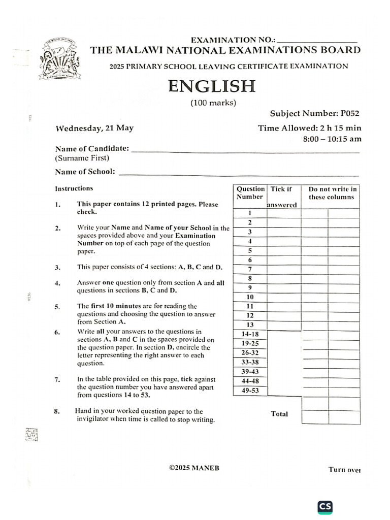 English Maneb 2025 | PDF