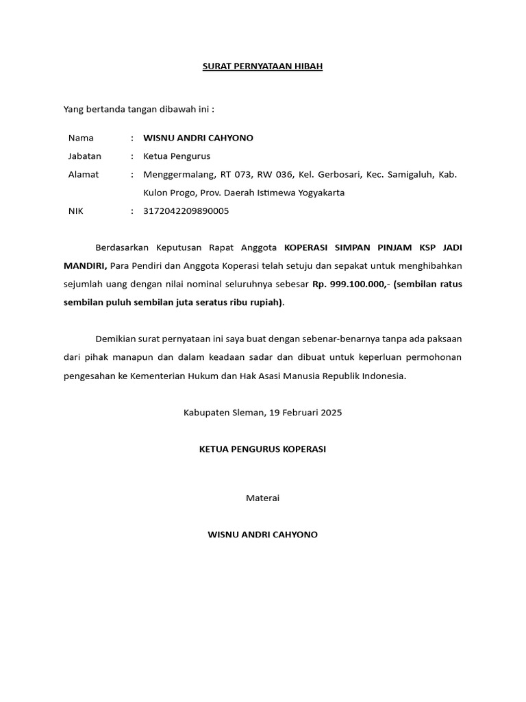 Surat Pernyataan Hibah Koperasi Simpan Pinjam KSP | PDF
