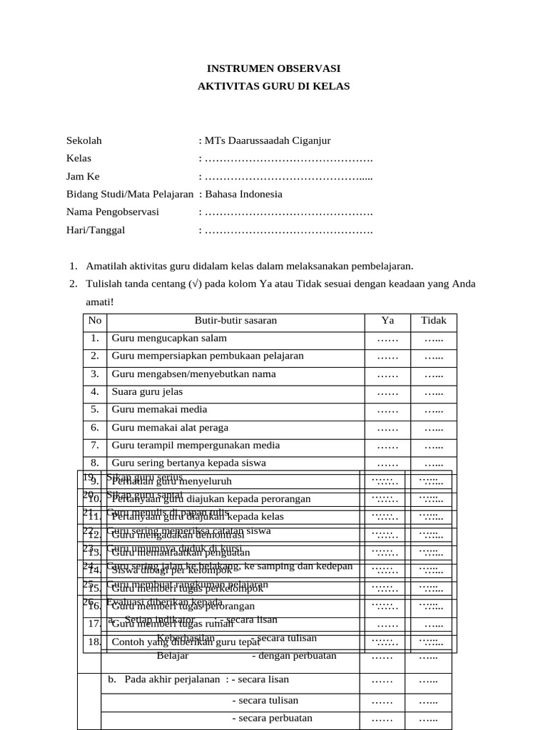 Instrumen Observasi - Aktivitas Guru Di Kelas | PDF