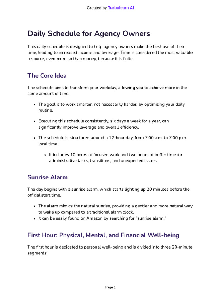Daily Schedule For Agency Owners: The Core Idea | PDF