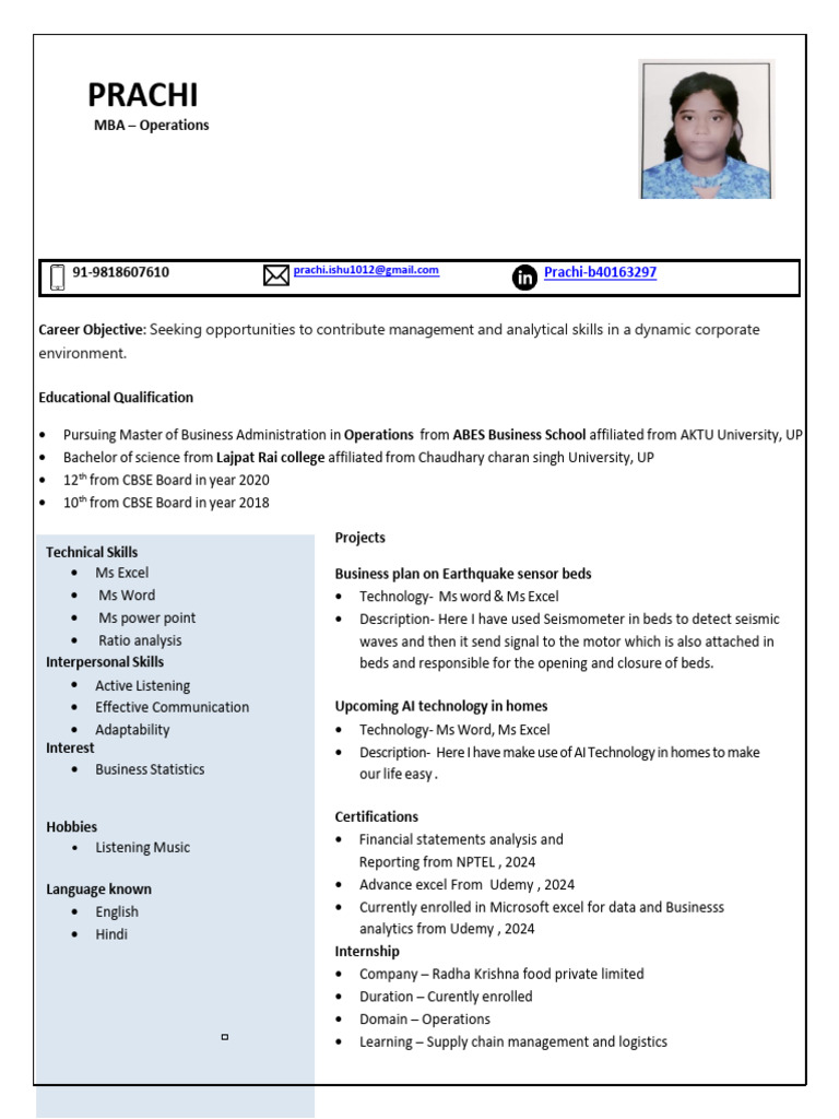 Prachi Resume Final Operation | PDF