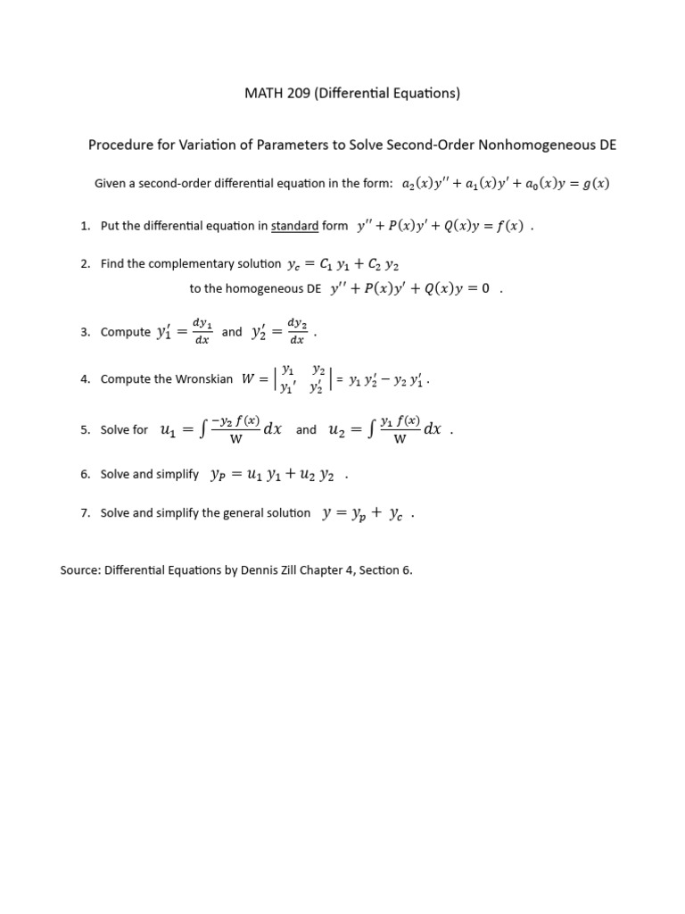 Variation of Parameters Procedure For 2nd Order de | PDF