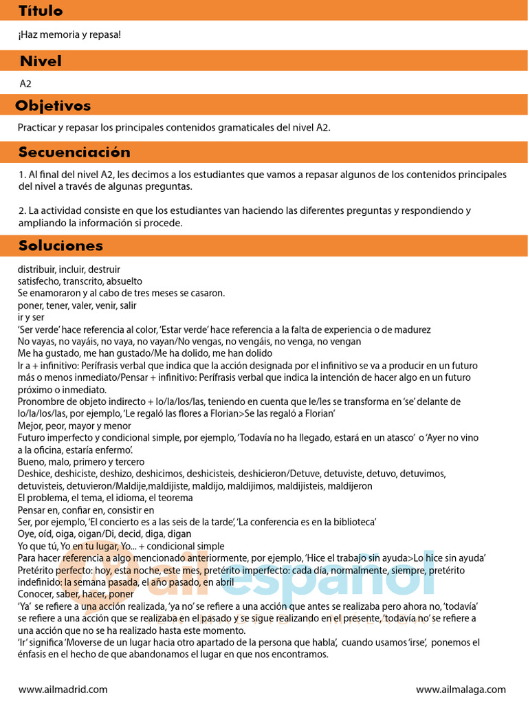 Ficha Explotacion Actividad Espanol Repaso Nivel A2 | PDF | Mecánica del lenguaje | Lingüística