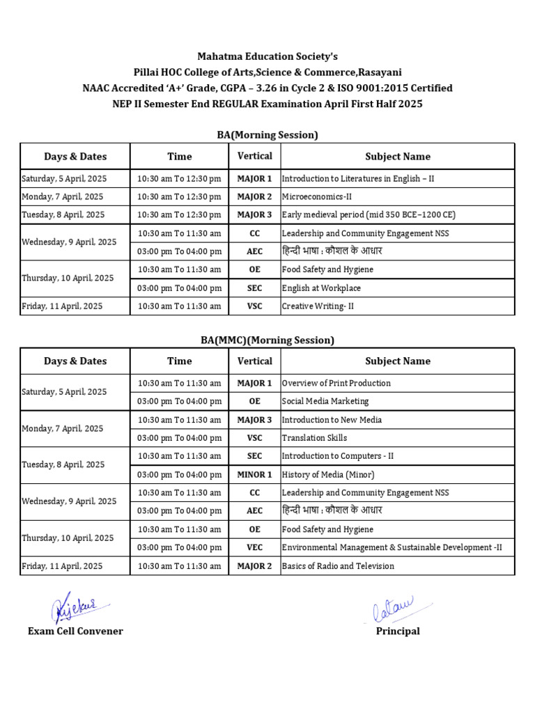NEP SEM II Regular - Examination Time Table - APIL FIRST HALF 2025 | PDF