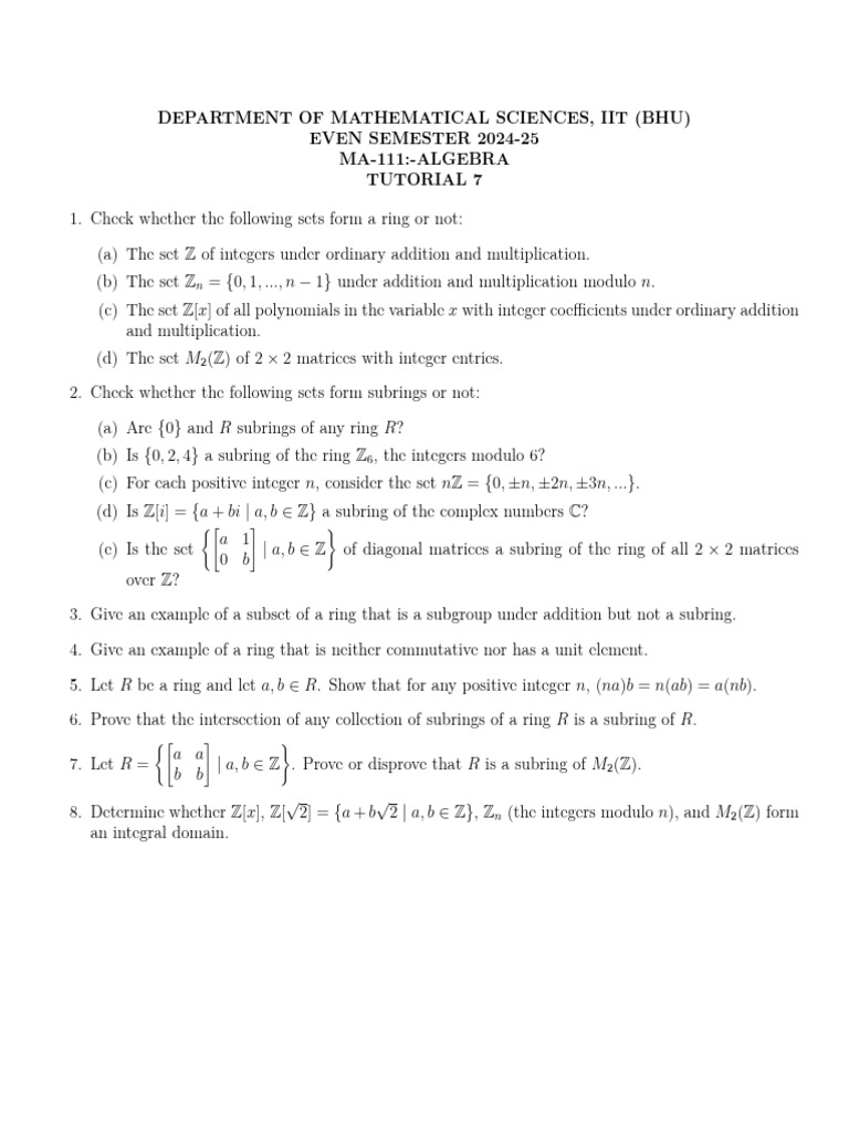 Algebra Ring and Subring Analysis | PDF
