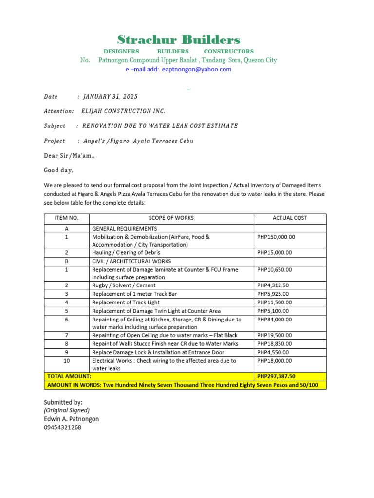 Figaro Ayala Cebu Renovation Cost Proposal | PDF | Building Engineering