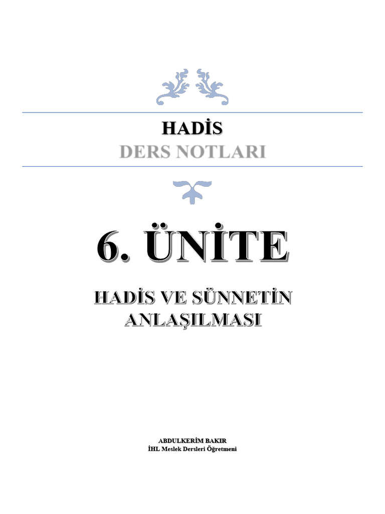 Sinif Hadis Hadis Ve Sunnetin Anlasilmasi 6. Unite Ders Notu | PDF
