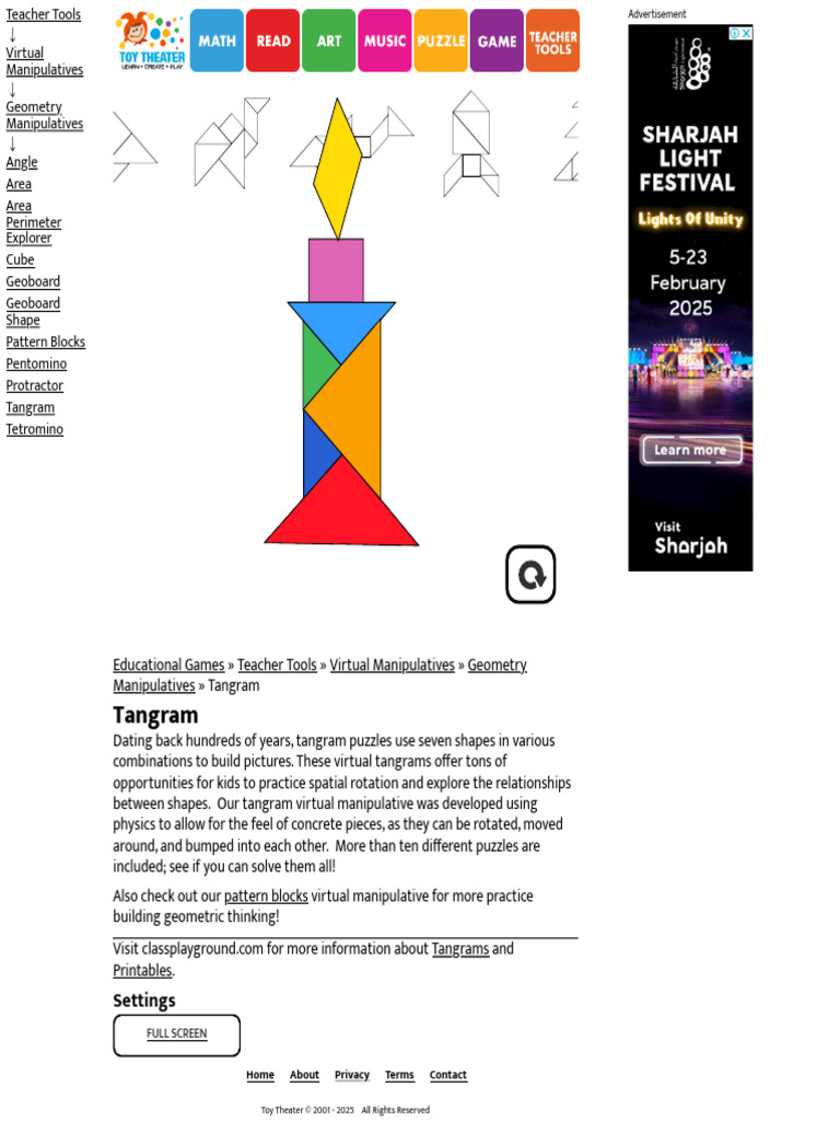 Tangram Free Virtual Manipulatives Toy Theater | PDF