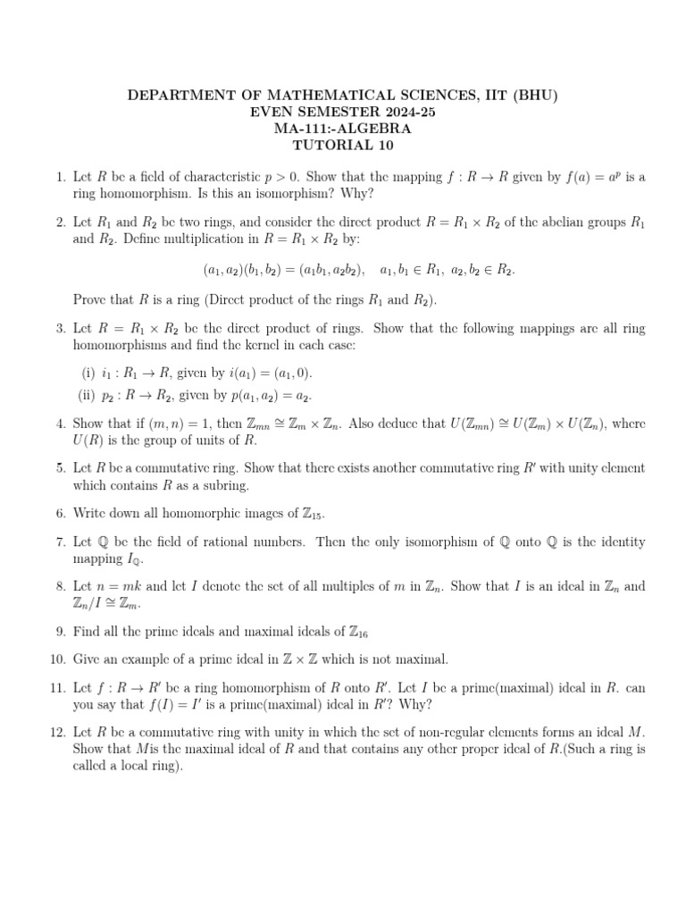 MA 111 Algebra Tutorial 10 | PDF