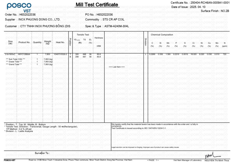 (08.04.2025) MTC 304L-2B 3 X 1500 X C X 7850KG - POSCO | PDF | Mechanical Engineering | Building ...