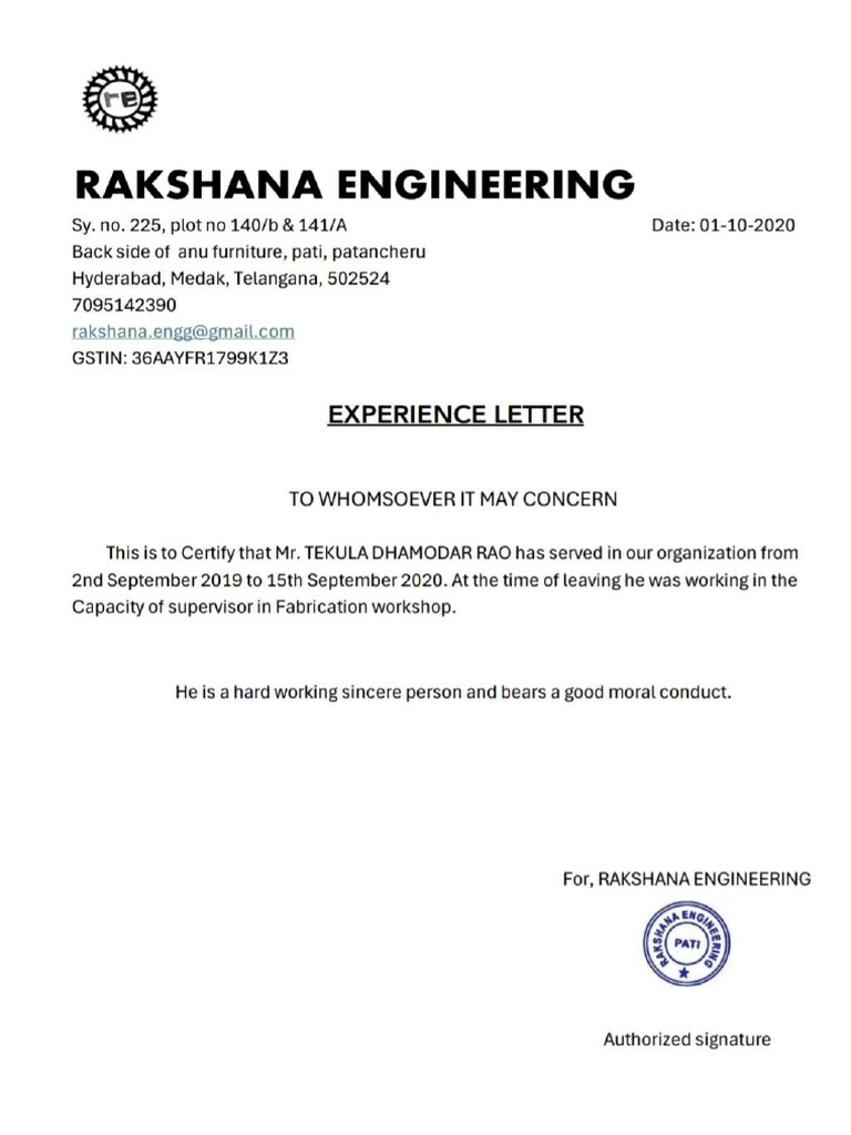 Exp Letter Tekula Damodarrao | PDF