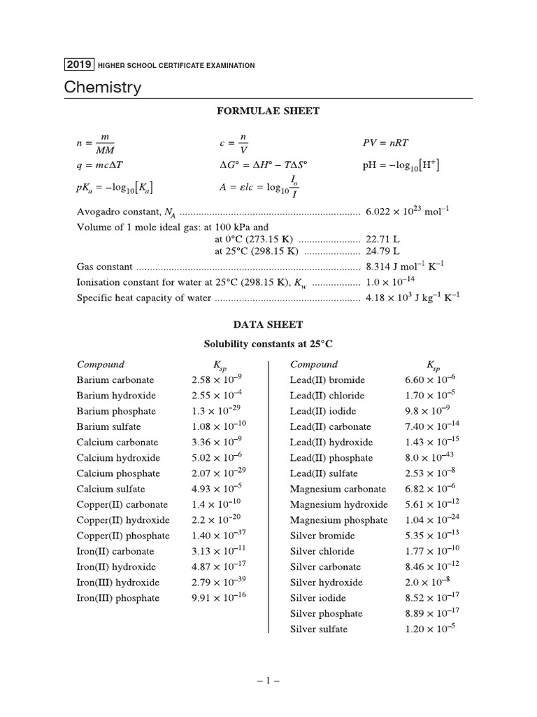 Chemistry Formulae Sheet Data Sheet Periodic Table HSC Exams 2019 | PDF