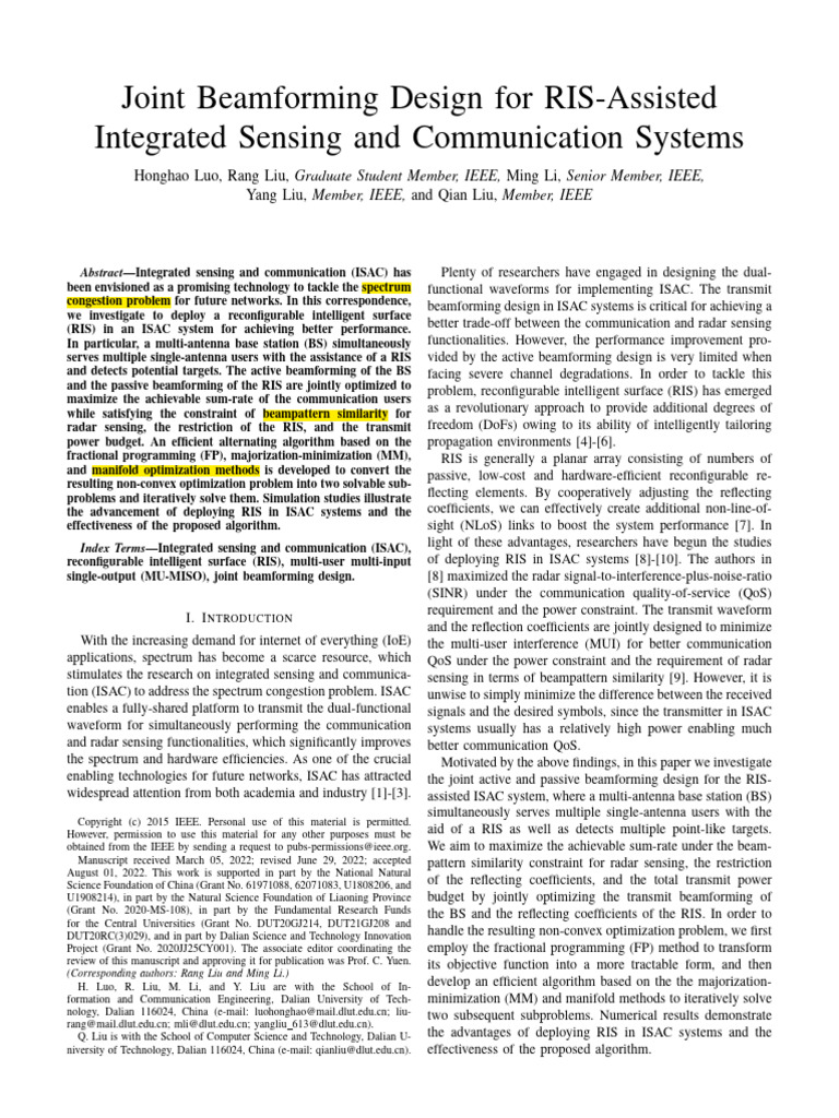 ISAC-22-Luo-Joint Beamforming Design For RIS-Assisted Integrated Sensing and Communication ...