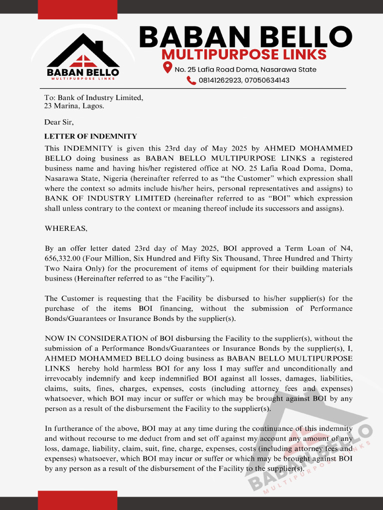 Ahmed Bello Letter of Indemnity - 20250527 - 141738 - 0000 | PDF