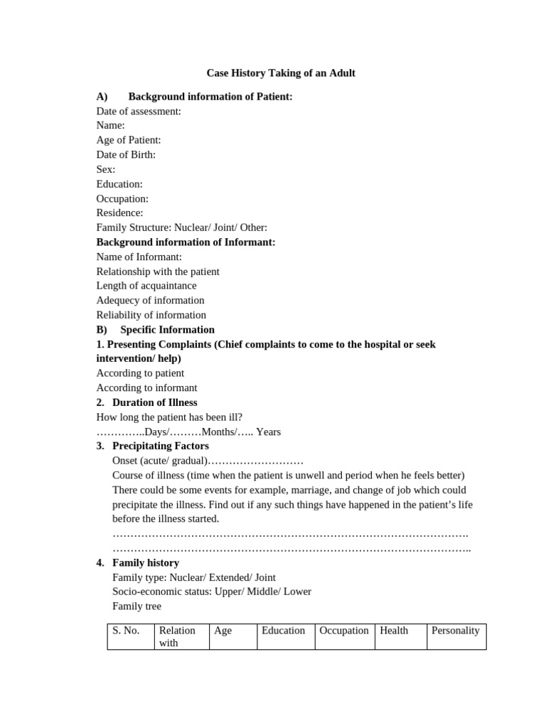 Adult Case History Taking Guide | PDF | Hallucination | Speech