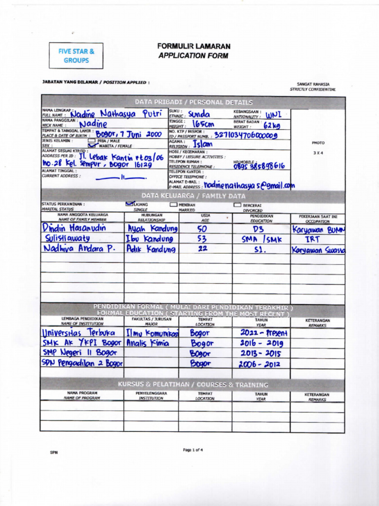 Form Lamaran FSI - Nadine Nathasya | PDF