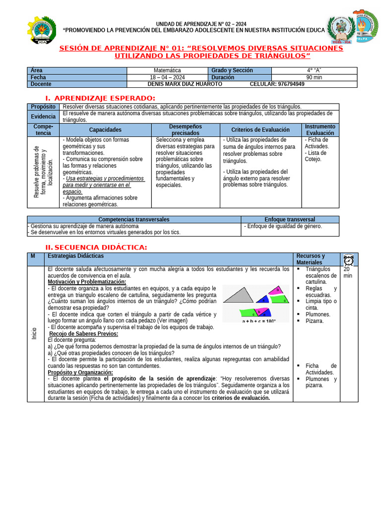 4°-Sesion 1-Ua2 - 2024 | PDF | Triángulo | Aprendizaje